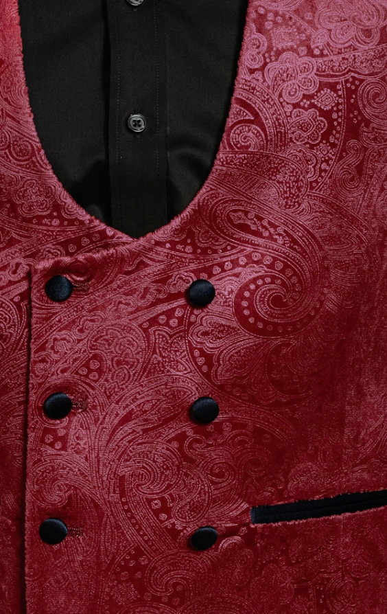 Dobell bordeaux rood paisley fluweel double breasted smoking gilet | Dobell